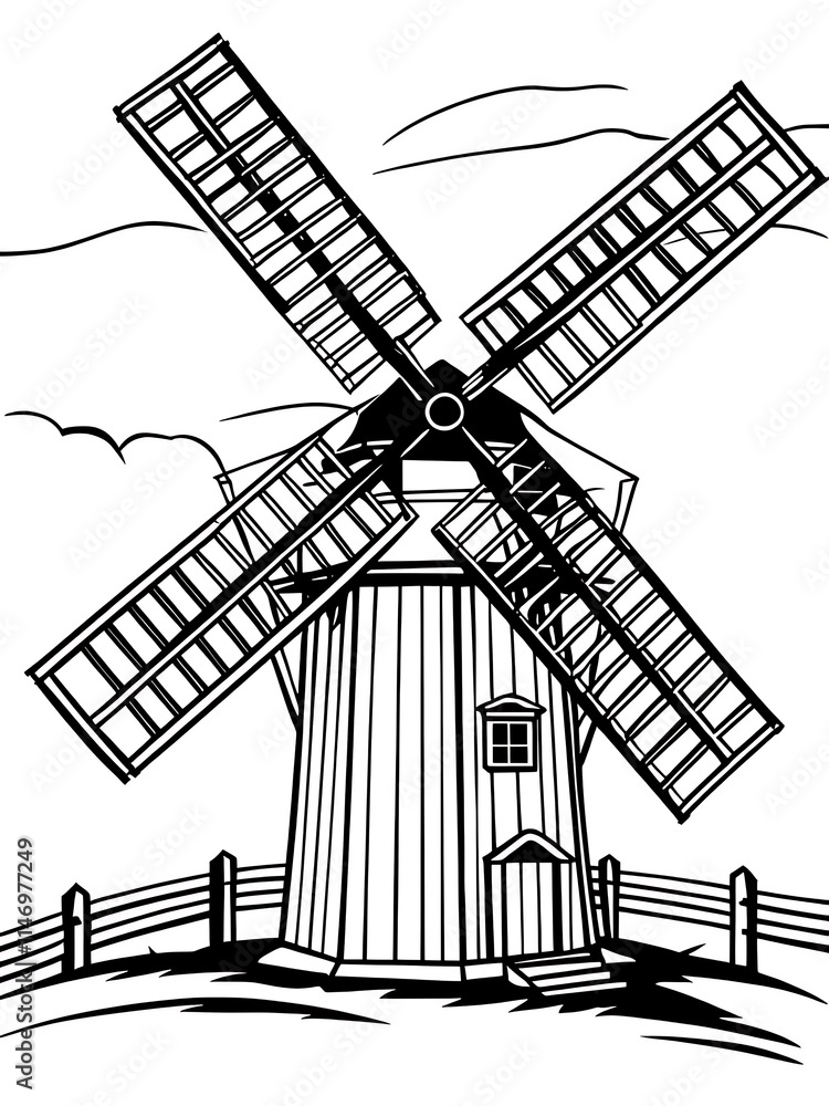 Black and white traditional windmill line drawing coloring book page ...