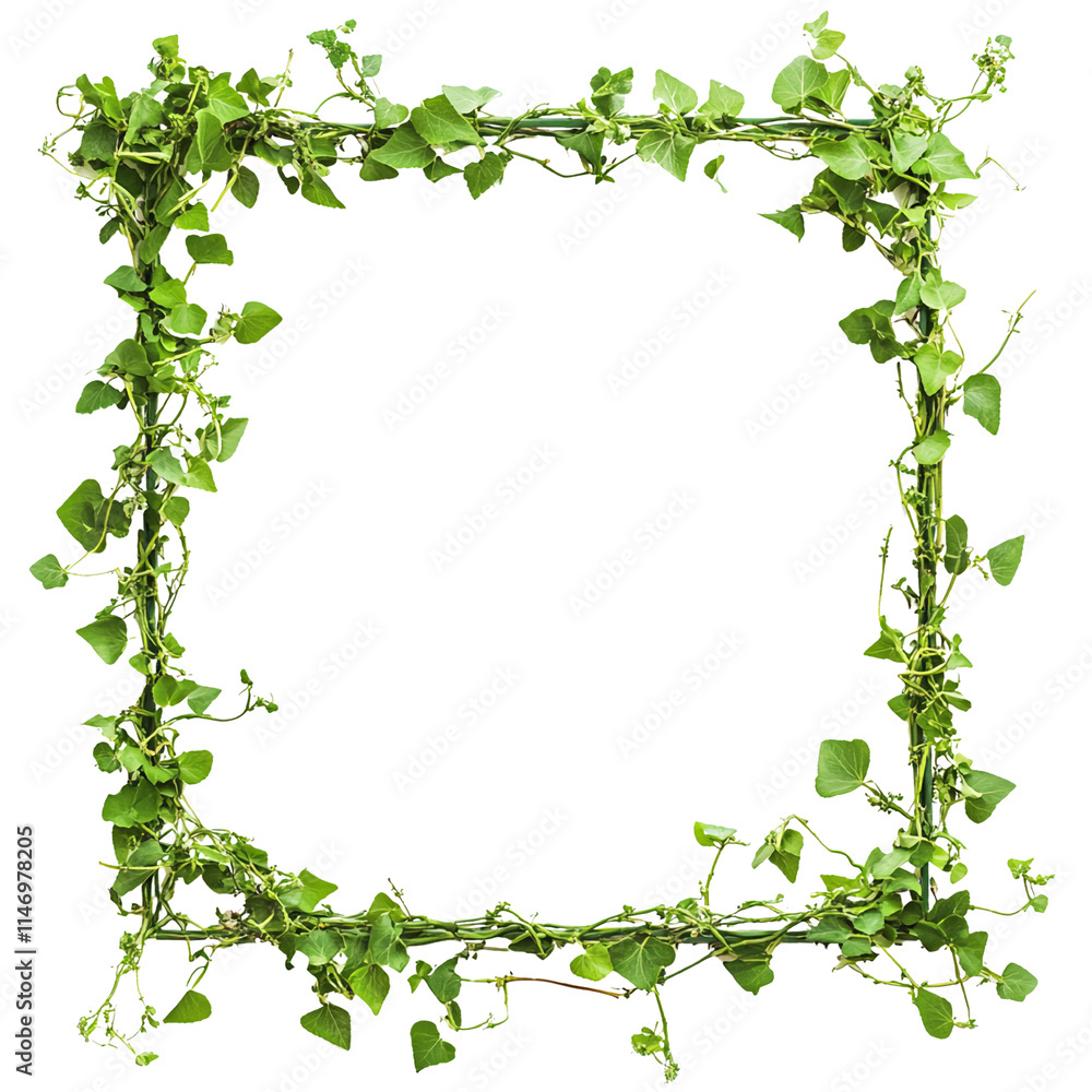 Natural green vine frame with vibrant leaves on a transparent ...