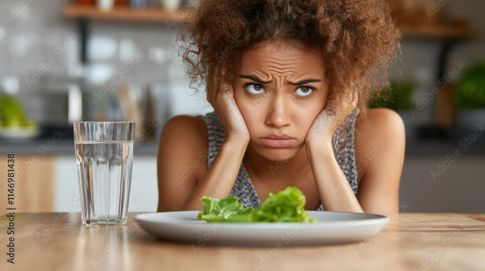 Sad woman looking at empty plate with green salad in it. Binge eating ...