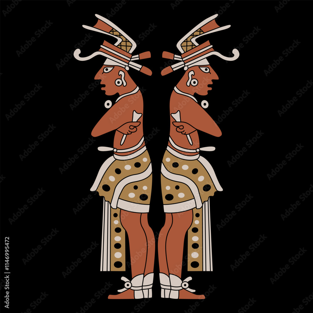 Symmetrical ethnic design with two standing Mayan men. Hero twins ...