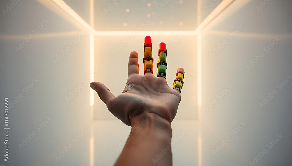 A human hand reaching out to touch the hand of a robot, a futuristic ...