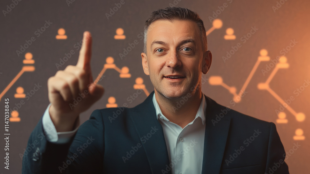 hand pointing at the screen, corporate background, with small human ...