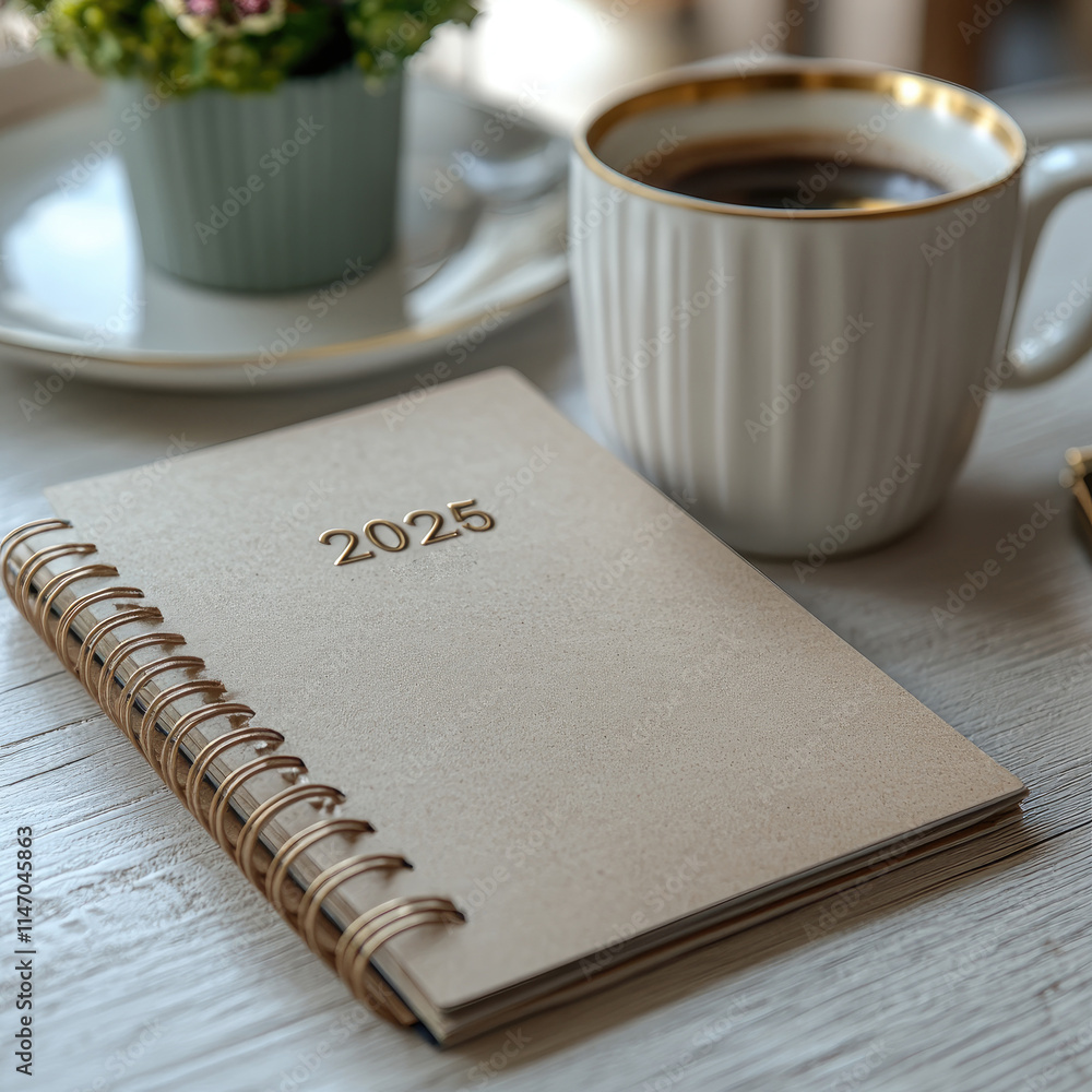 Notebook diary 2025. Diary on the table. Calendar 2025, notes ...
