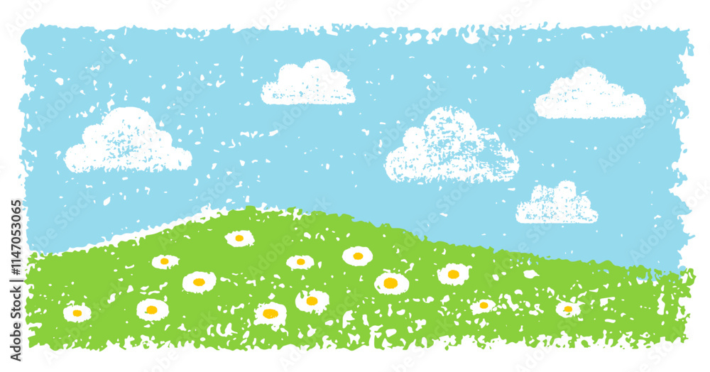 Vetor Grass and sky background. Crayon kid landscape with spring field ...