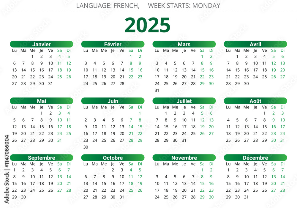 2025 french calendar. Printable, editable simple vector illustration in ...