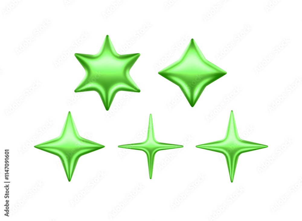 3d Star Shapes Collection Green Shiny Glossy Metallic Icons Realistic ...