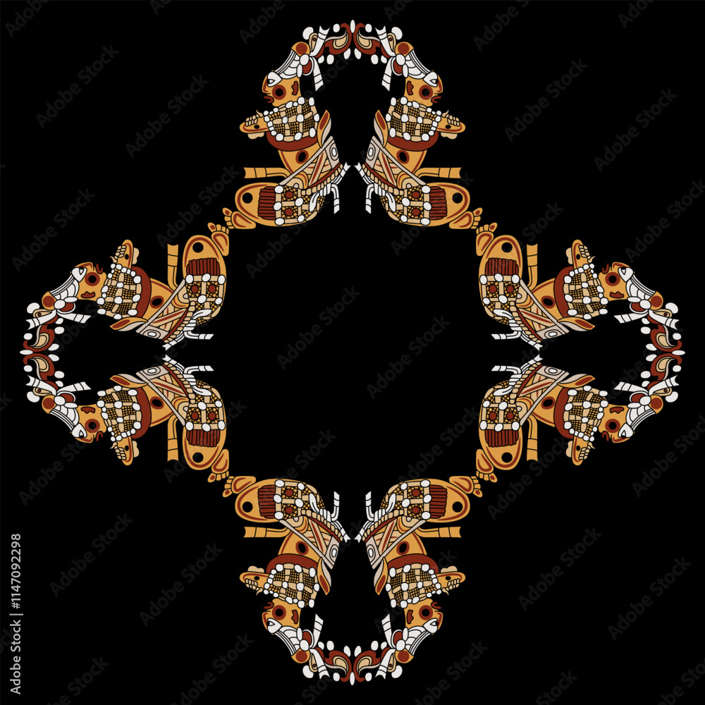 Geometrical ethnic ornamental frame with seated Mayan men. Indigenous ...