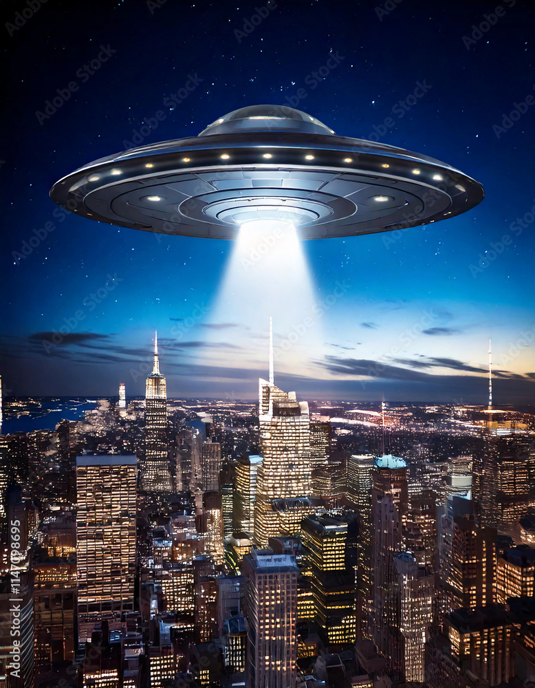UFO Over the City at Night, Emitting a Mysterious Light, An enigmatic ...