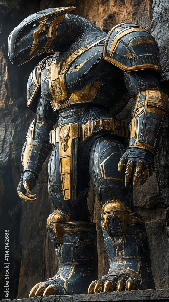 Horus, the ancient egyptian god, wearing futuristic armor, stands in a ...