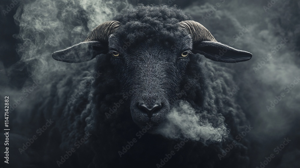 Black ram sheep shrouded in smoke, intense gaze. Stock Illustration ...