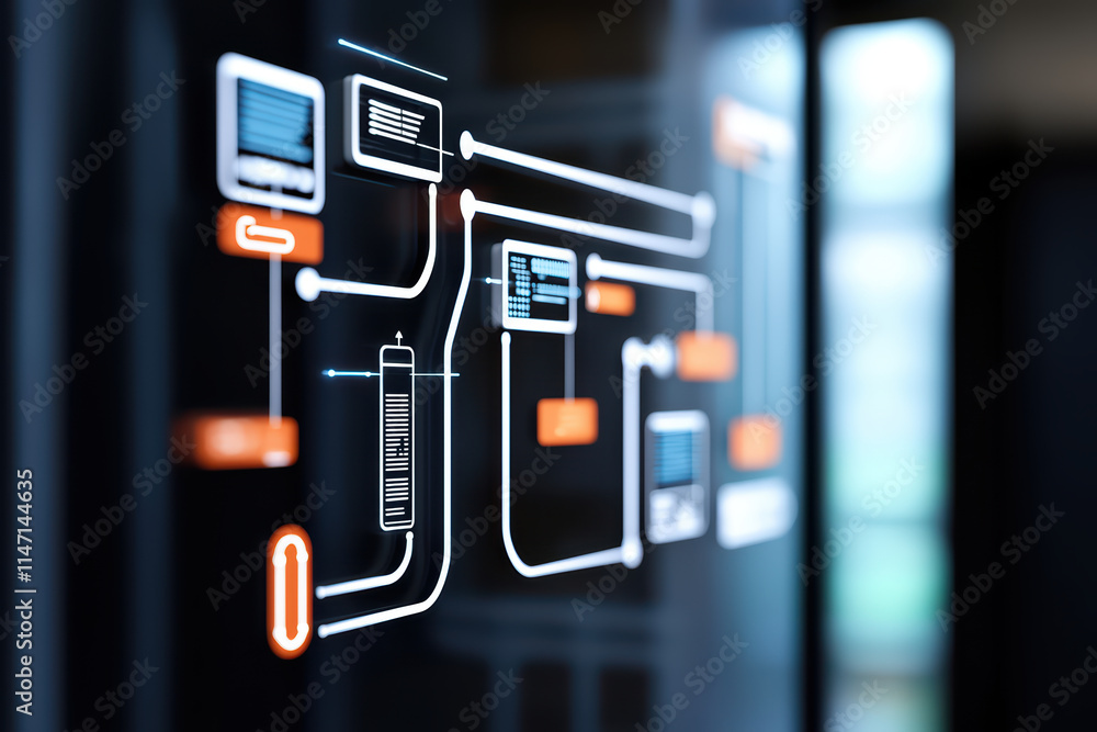 close up of illuminated white piping icons representing complex system ...