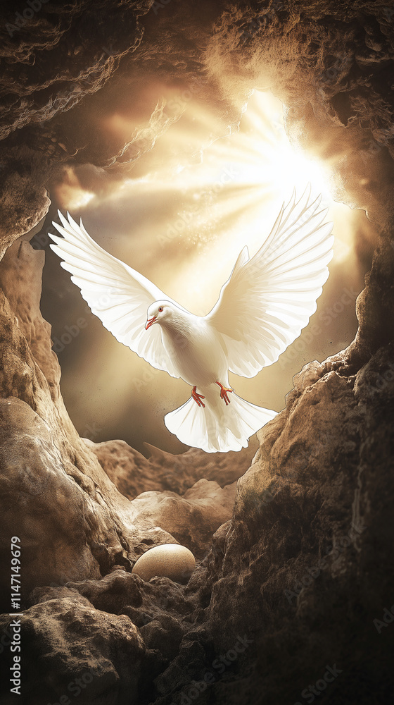 Dove fly out cave, wing soar into light heaven sky, symbolize ...
