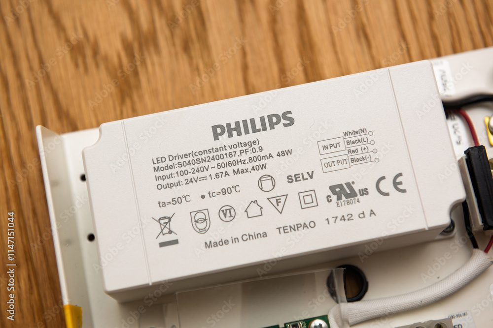 Paris, France - Nov 17, 2021: Close-up of a Philips HUE LED driver with ...