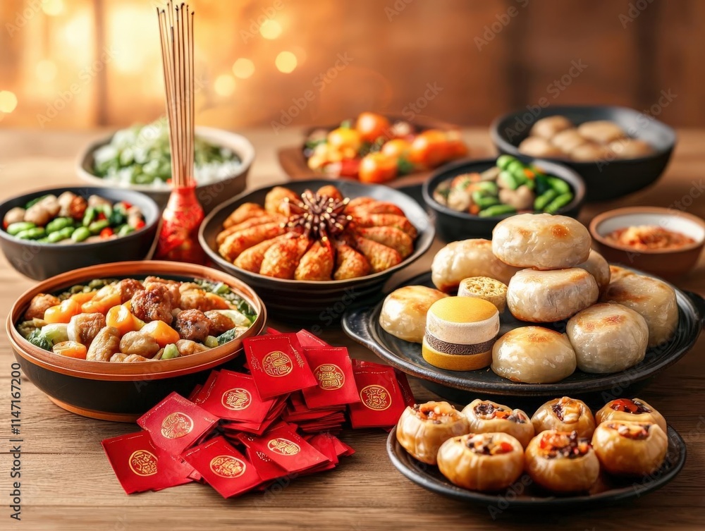 Lunar New Year buffet with decorative red envelopes, incense, and ...