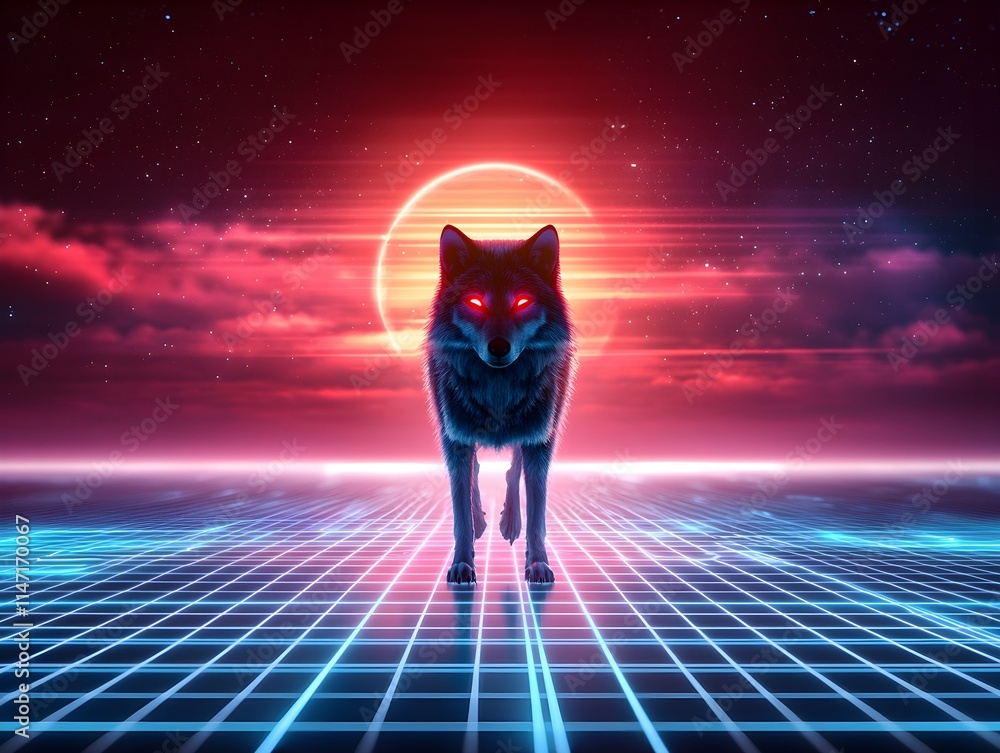 Lone wolf emerging from a pixelated grid landscape, with pixel clouds ...