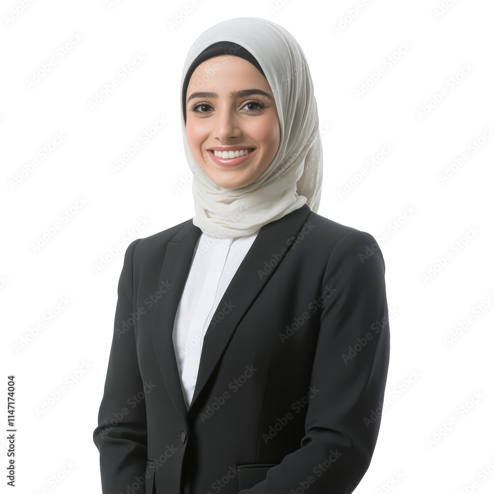 Portrait of a smiling Arab middle eastern woman in suit on transparent ...