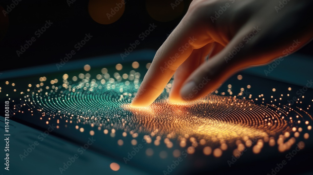 Finger interacts with glowing particles on a touchscreen display Stock ...