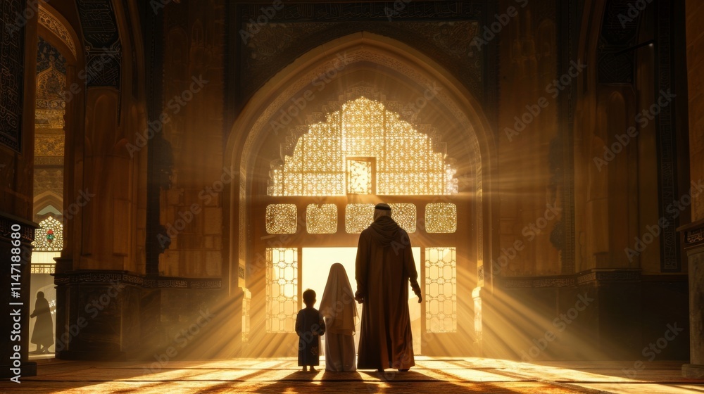 Muslim family view mosque. muslim family eid greetings back view, Jumma ...