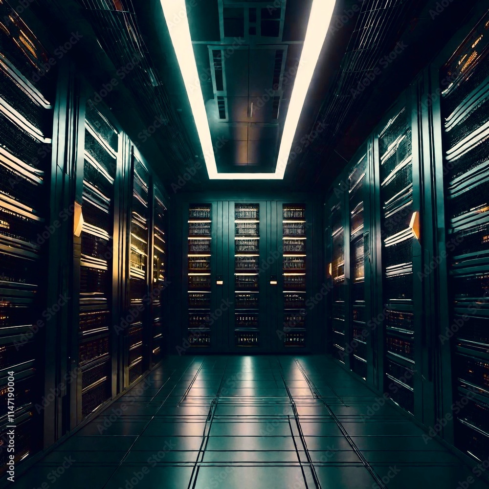 Server Room Computer Datacenter Rack Data connectivity. A spacious ...