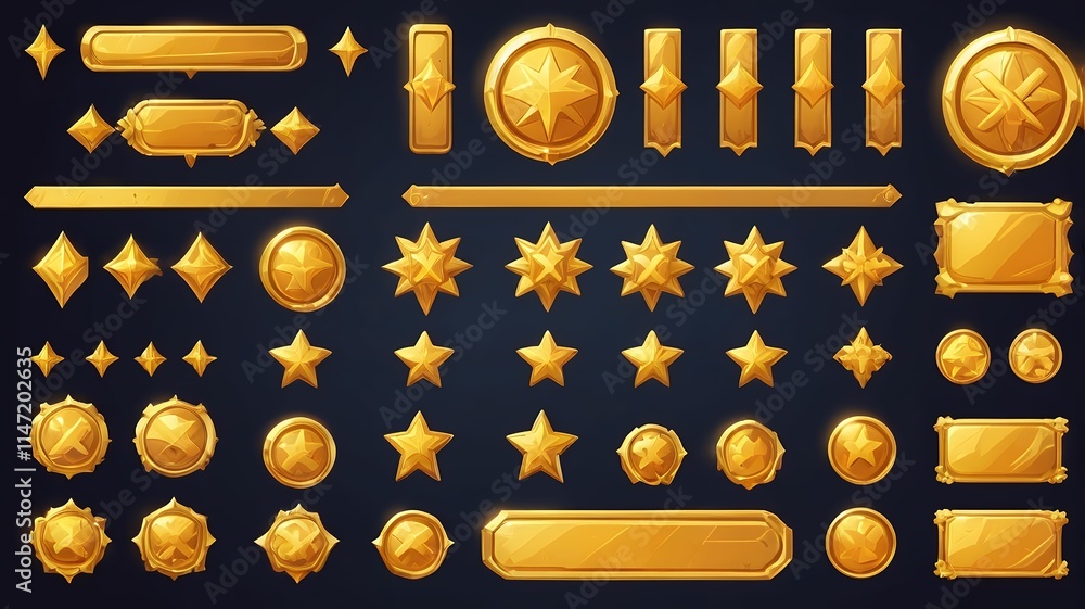 Ilustrace Golden buttons for user interface design in game, video ...