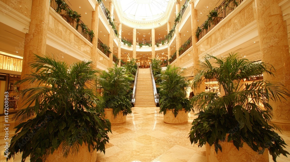 Luxurious shopping mall atrium with grand staircase, marble floors, and ...