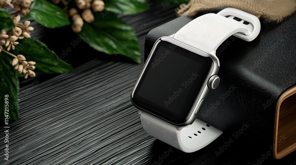 Minimalist smartwatch mockup resting on a modern tech style background ...