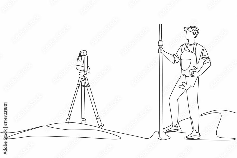 Continuous one line drawing man measures land using total station. New ...