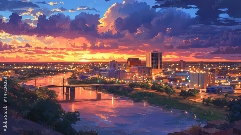 Vibrant sunset casts a warm glow over the rio grande river ...