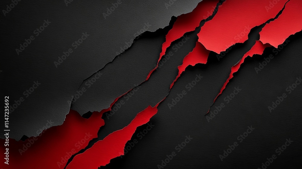red and black paper layers, jagged torn edges, minimalist typography ...