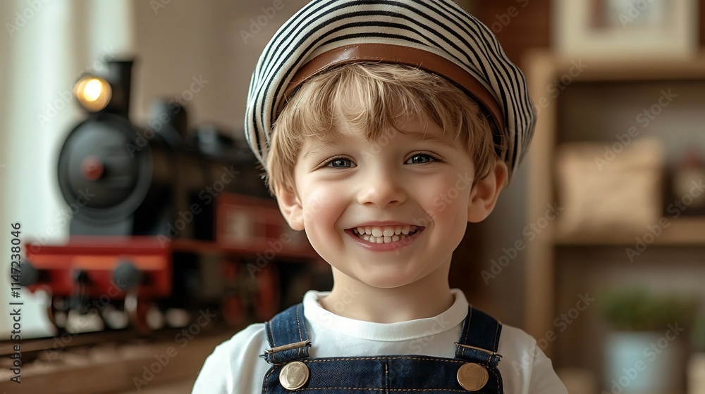 A cheerful 5 year old boy dressed as a train conductor wearing a ...