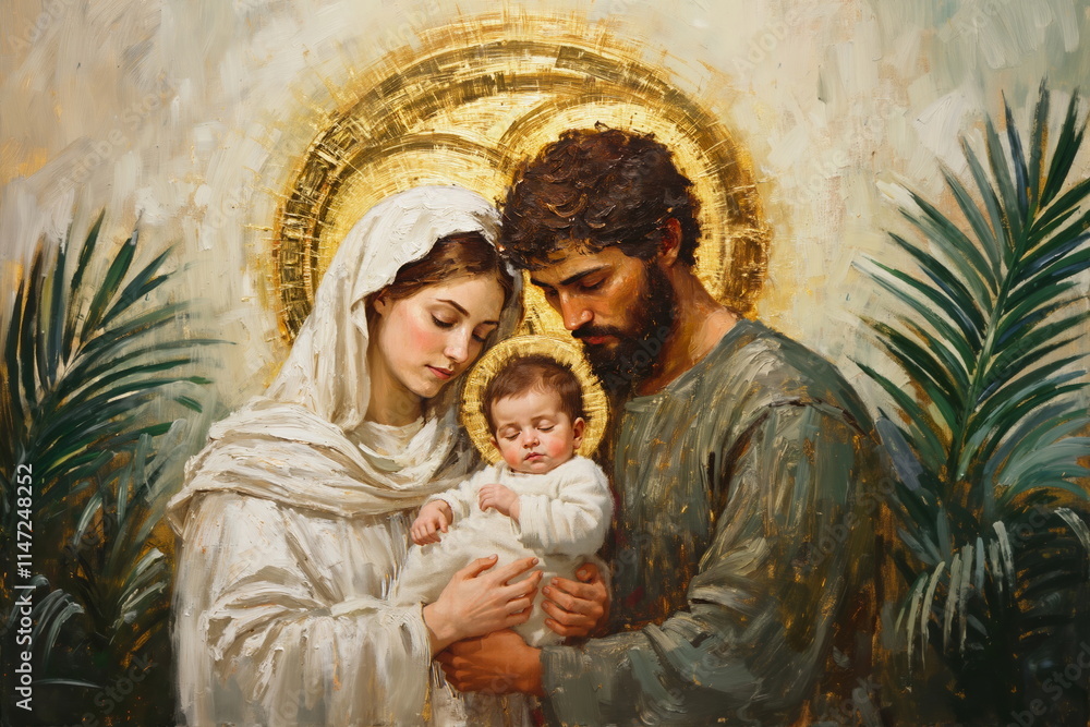 Holy family with golden halos in palm leaves. Virgin Mary and Saint ...
