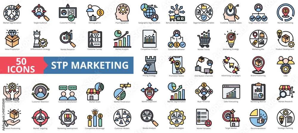 STP marketing icon collection set. Containing target audience, customer ...
