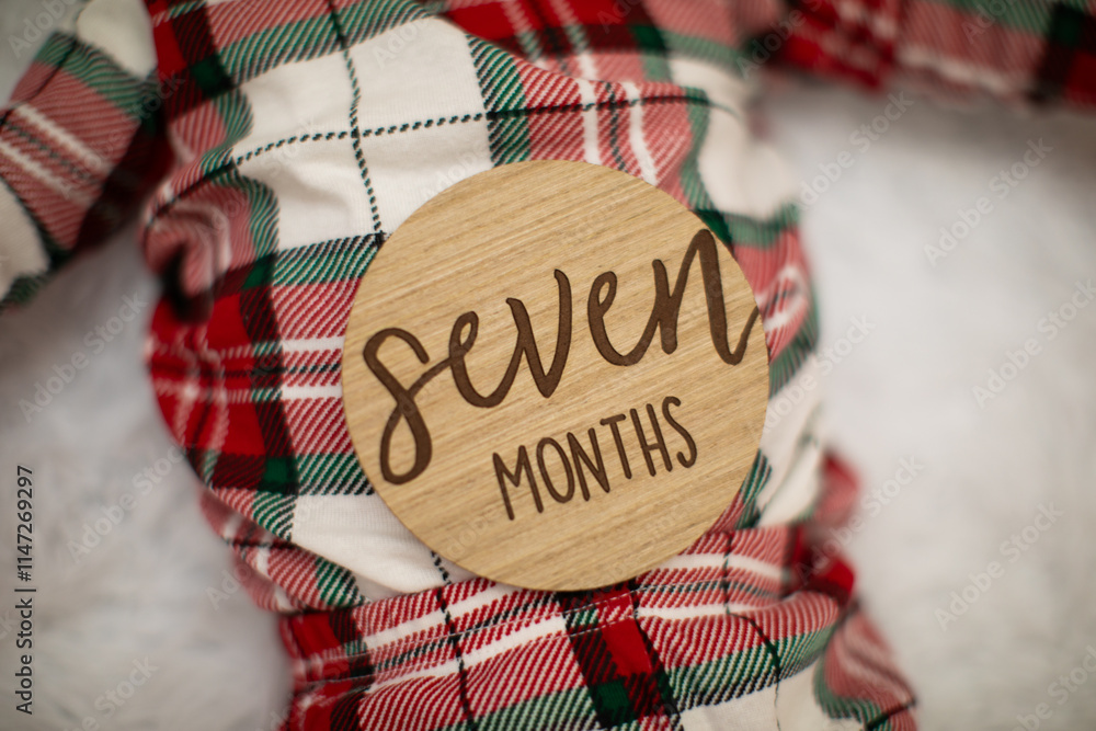 Baby in a chirstmas outfit holding a seven month old milestone wooden ...
