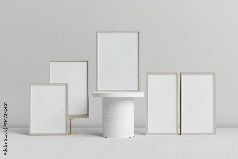 Minimalist setup with pedestal stand and mockup frames, each shown from ...
