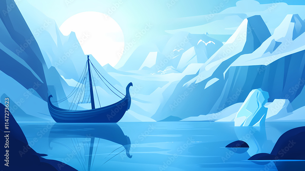 Viking longship in misty fjord landscape with iceberg. viking longship ...