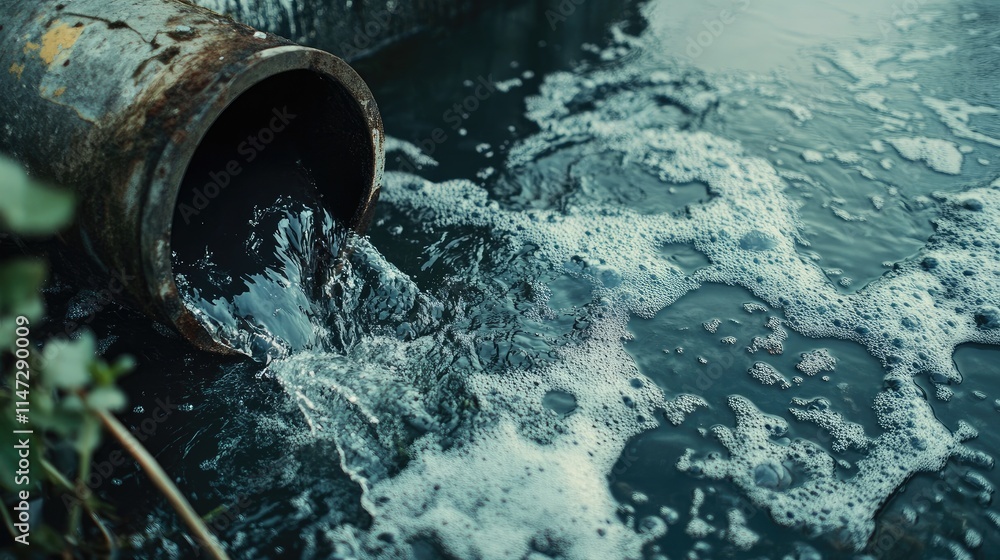 Industrial waste pouring from a drainpipe into a river, causing severe ...