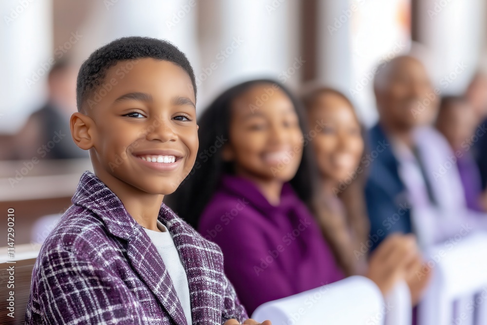 Portrait of a cheerful african american boy sitting in a church pew ...