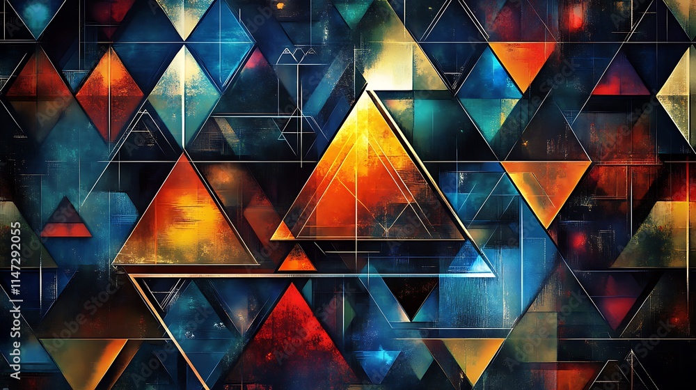 Vibrant digital artwork showcasing a mesmerizing array of geometric triangles in rich deep ...