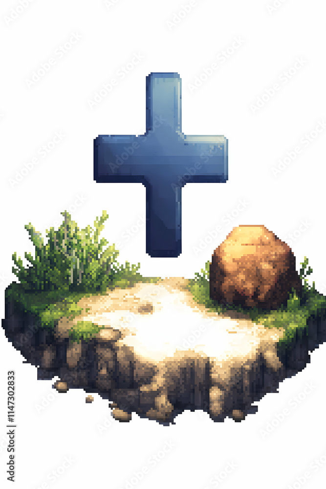 Pixel art plus sign on floating island landscape; game UI design ...