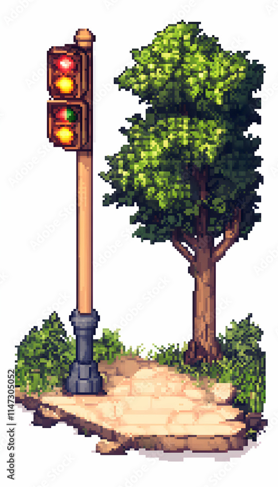 Pixel art traffic light, tree, path; summer game background. Stock ...