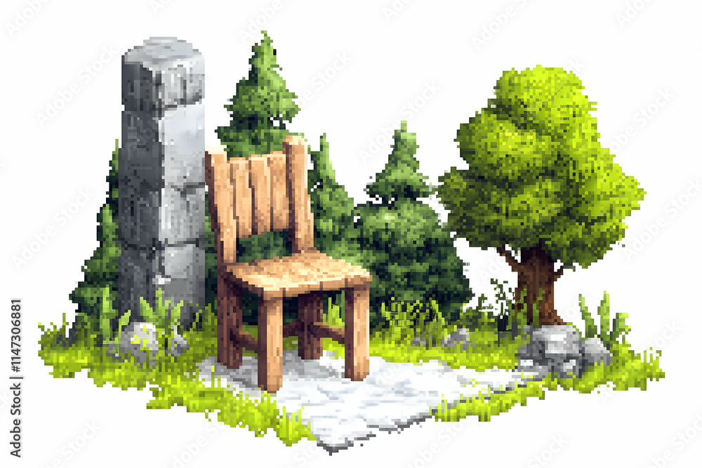 Pixel Art Wooden Chair in Garden, Stone Pillar Background, Game Asset ...