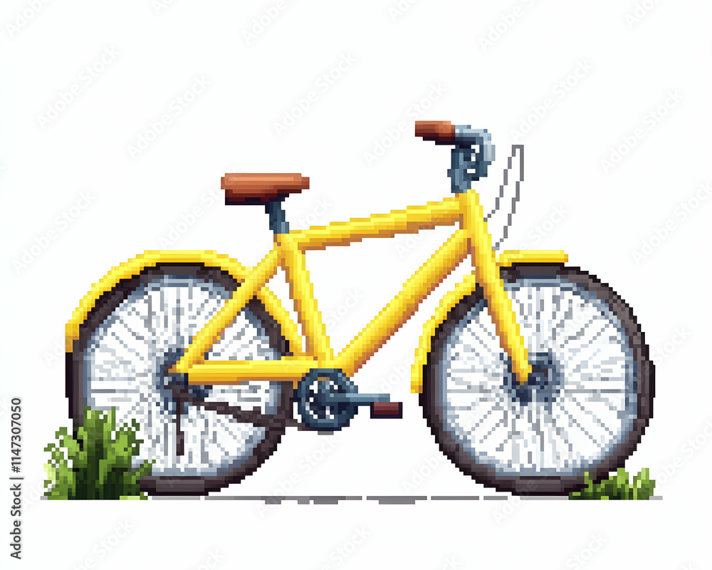 Pixel art yellow bicycle, outdoors, grassy background, website icon ...