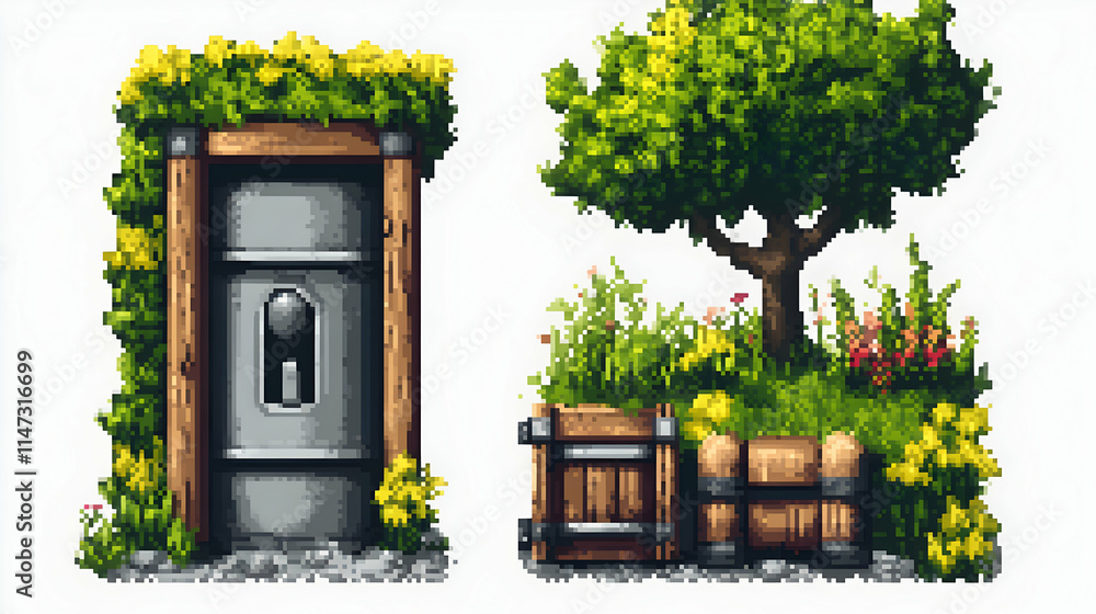 Pixel art game assets overgrown door & planter, nature background, for ...
