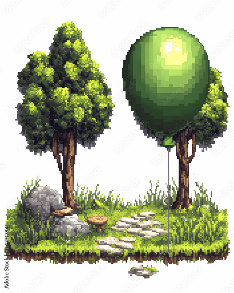 Pixel art green balloon park scene; whimsical illustration, floating ...