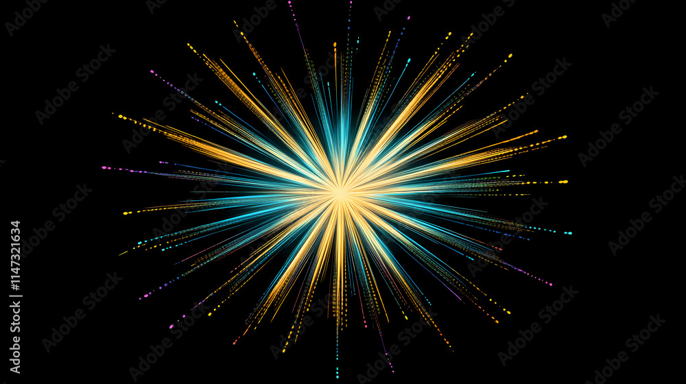 A digital illustration of a neon powder starburst with radiating lines ...