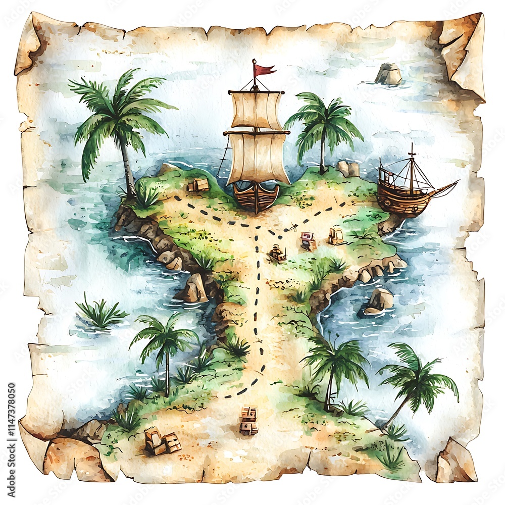 Watercolor illustration of a treasure map depicting a tropical island ...