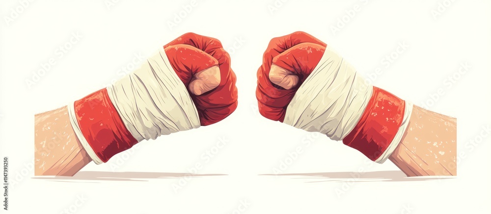 Two fists facing each other, wrapped in red boxing gloves and white ...