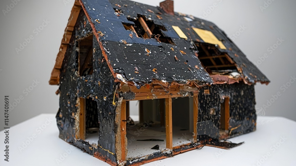 Damaged model house showing destruction, fire damage, and decay. Stock ...