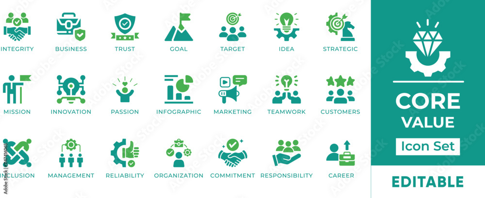 Core Value Icon Set. Features editable icons for core values, business ethics, company culture ...