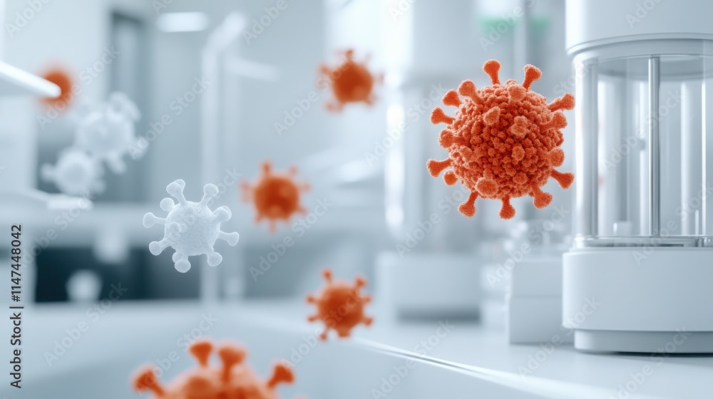 Pm 2.5 allergy concept. A 3D depiction of virus particles in a ...